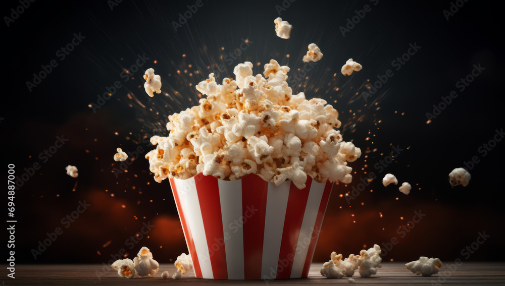 Bucket of cinema popcorn in a red and white box with exploding popcorn ...