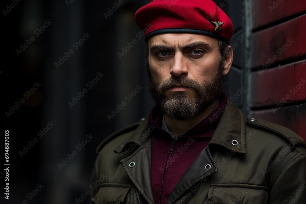 Revolutionary leader's portrait, urban decay background, intense eyes ...