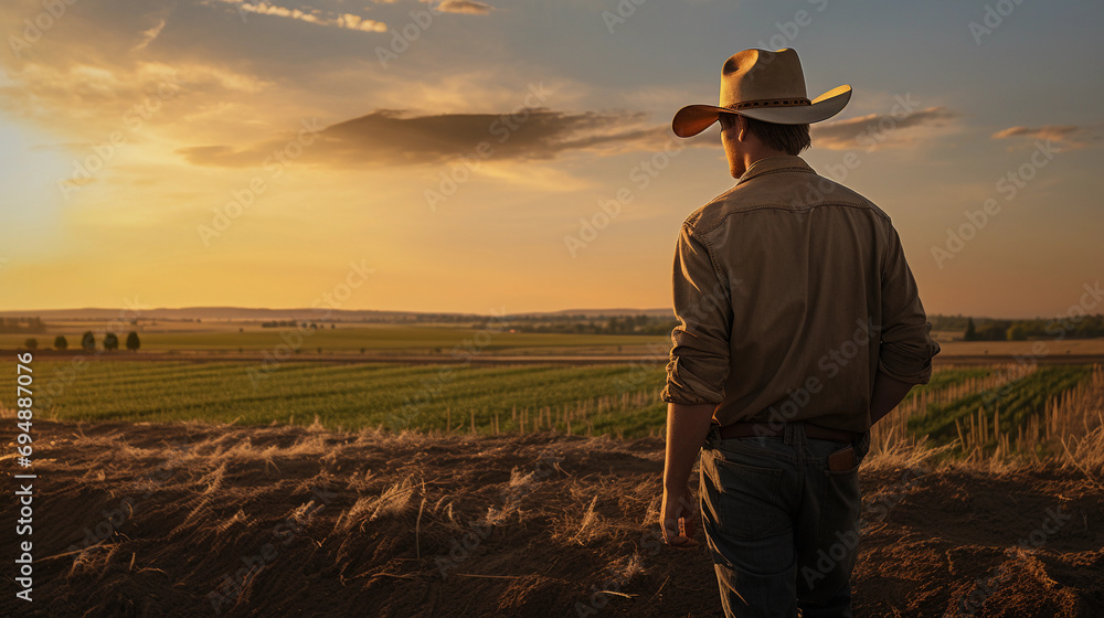 Rural politician's portrait, farmland horizon, sunset, worn hat, denim ...