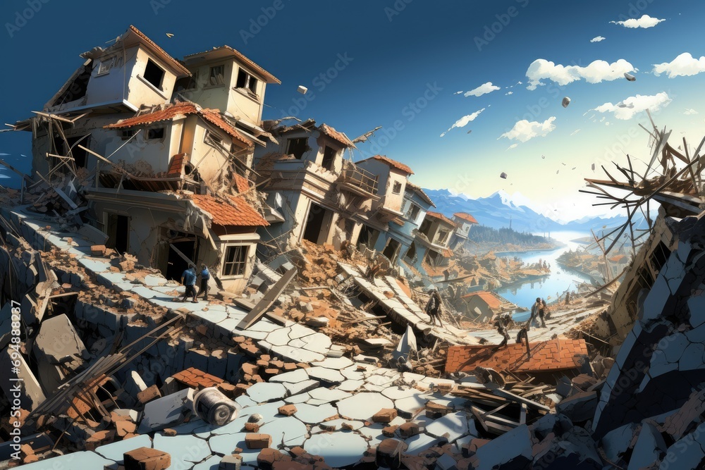 Destroyed city after earthquake. Dramatic scene of the fuming city and ...