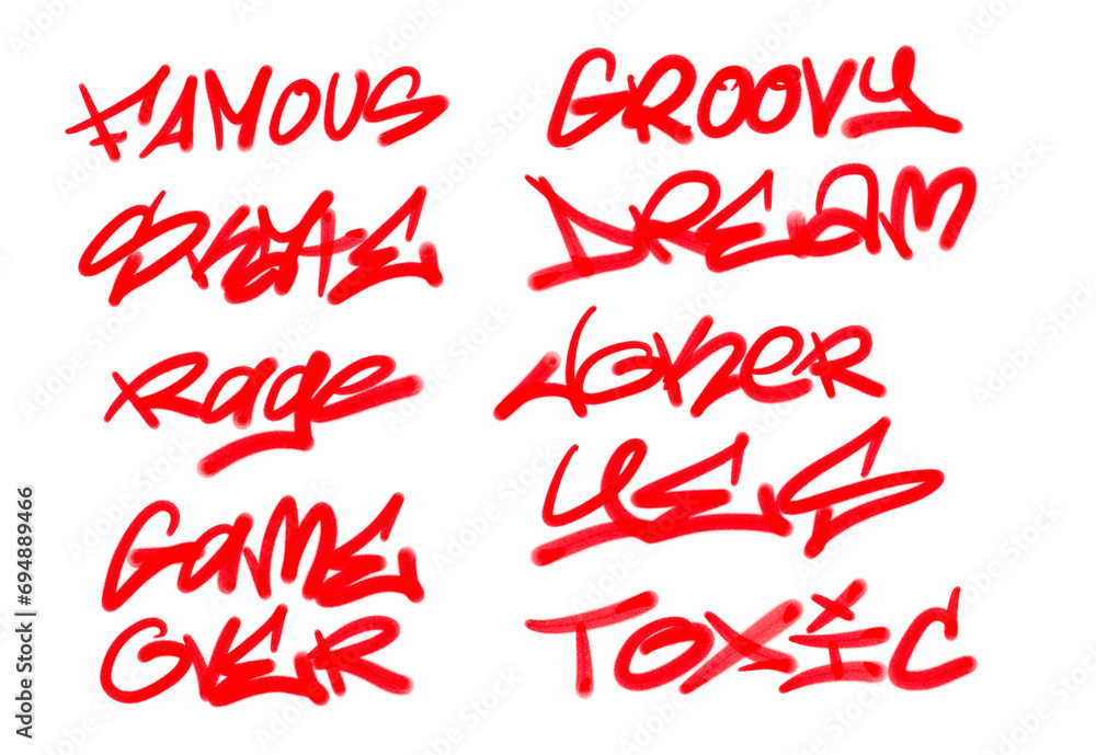 Collection of graffiti street art tags with words and symbols in red ...