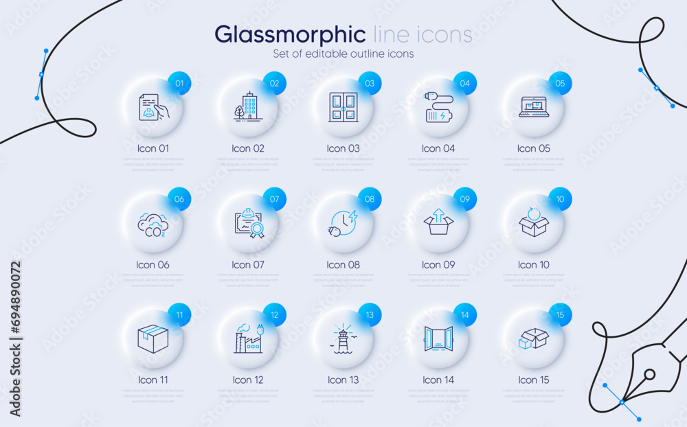 Set of Open door, Web inventory and Co2 line icons for web app. Skyscraper buildings ...
