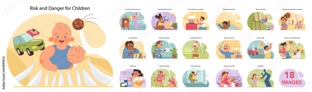 Child safety set. Kids in various dangerous situations. Household ...
