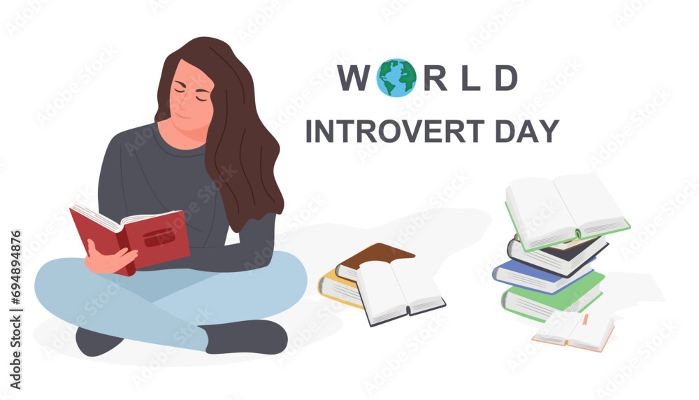 World Introvert Day. Horizontal banner with Introvert sitting young ...