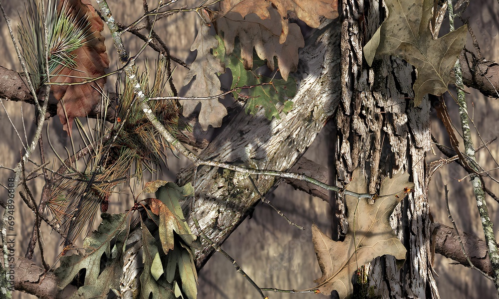 Here are some hunting camo texture tree in the woods Stock Photo ...