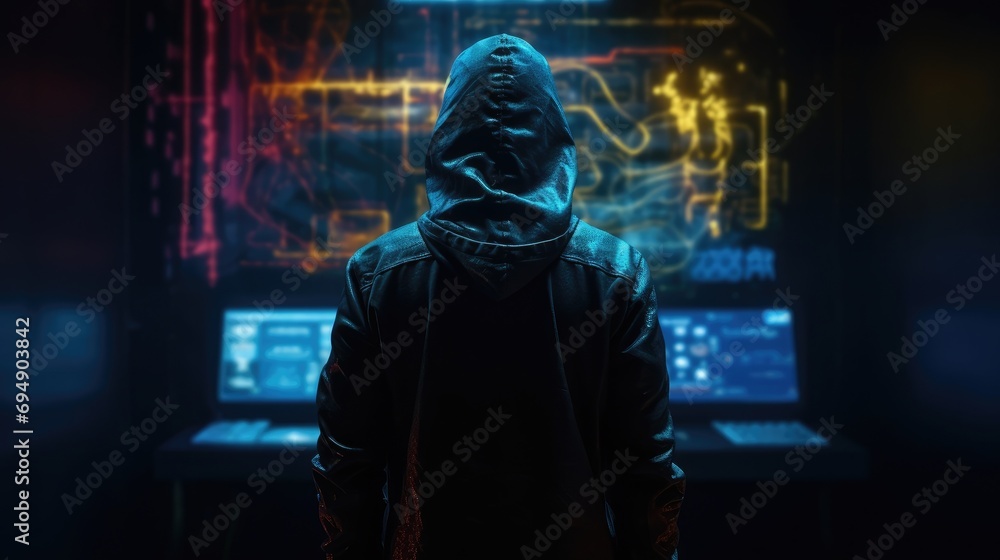 Cybersecurity Vigilance: Hacker Silhouette Reflects Digital Threats Stock Photo | Adobe Stock