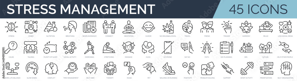 Set of 45 outline icons related to stress management. Linear icon ...