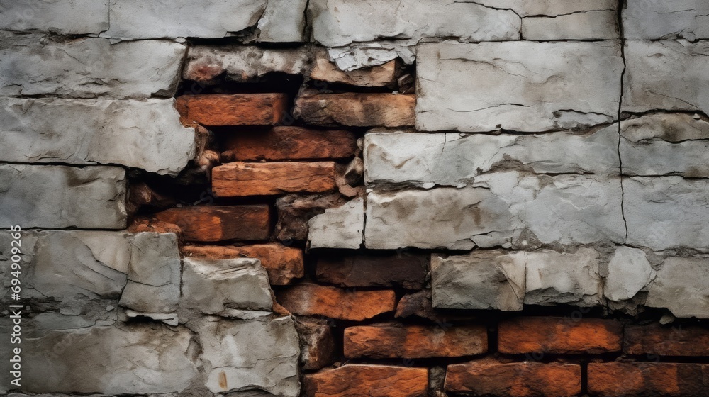 Destroyed, cracked white wall. Falling off plaster, a gap in the wall ...