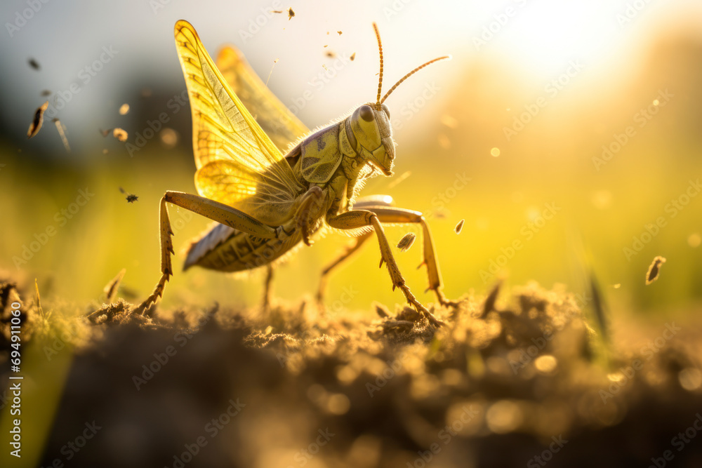 Grasshopper in mid-leap, frozen in action against a blurred background ...