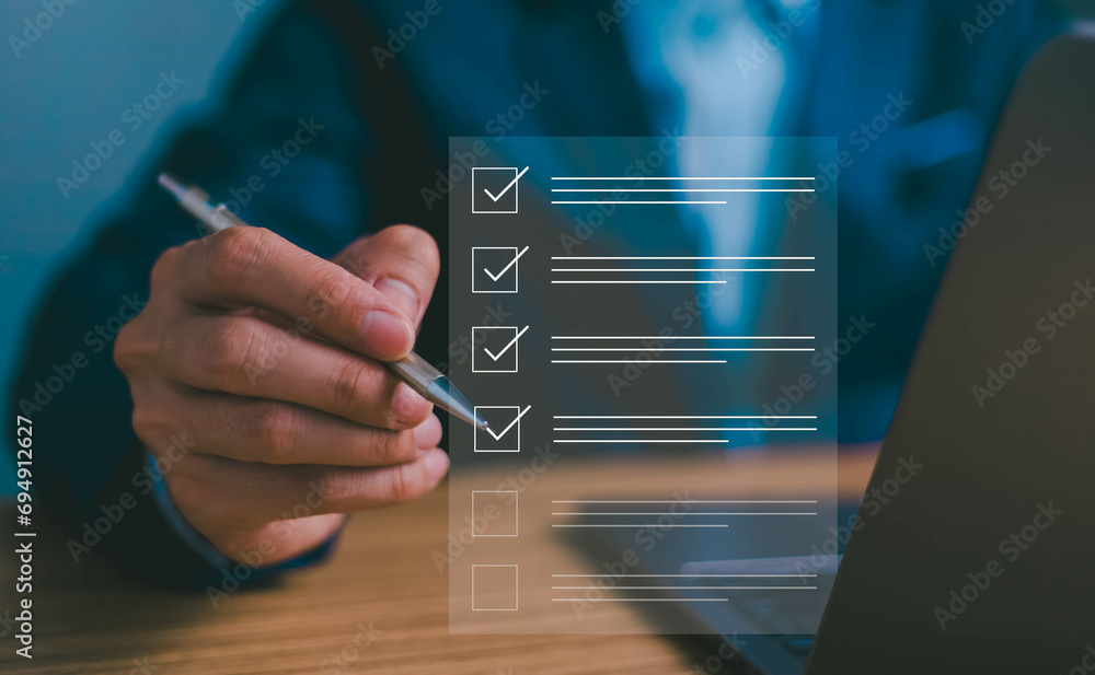 Checklist concept, Businessman mark checkboxes, Survey form, check ...