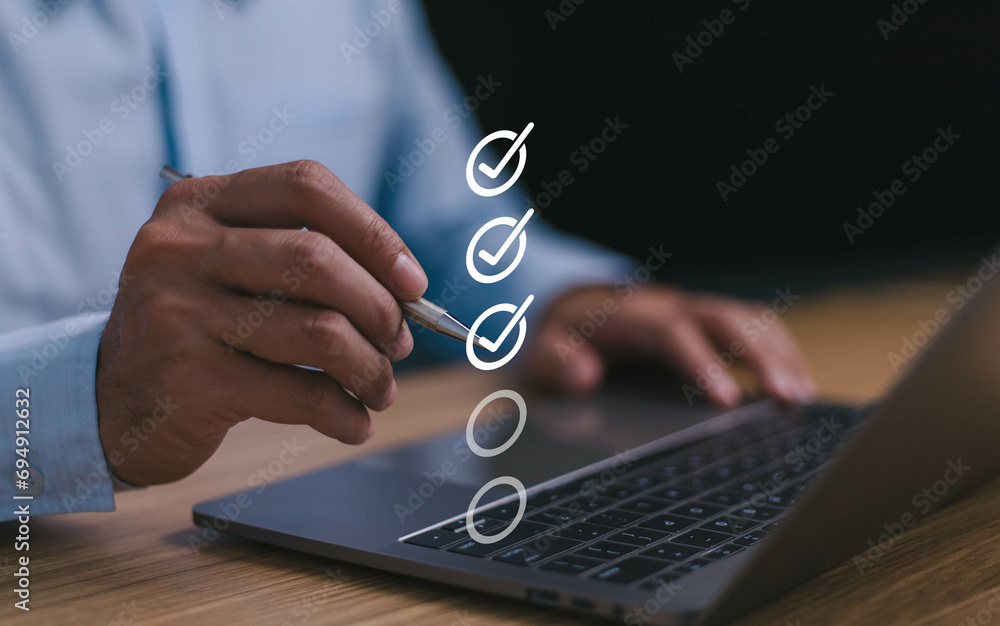 Checklist concept, Businessman mark checkboxes, Survey form, check ...