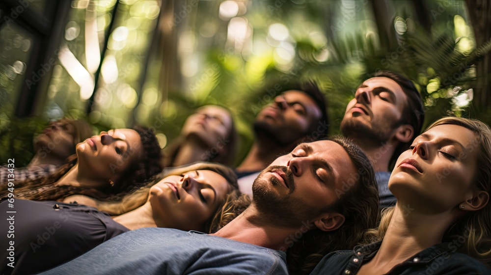 A group in the Corpse Pose (Savasana) during a yoga retreat, with ...