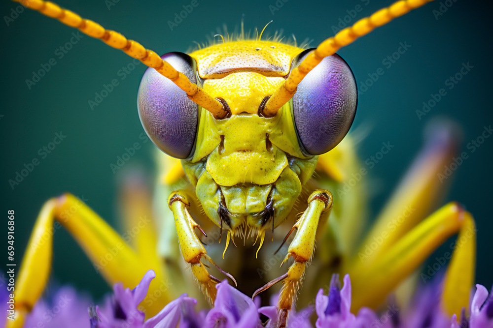 Grasshopper portrait, close-up of its intricate eyes and antennae, the ...