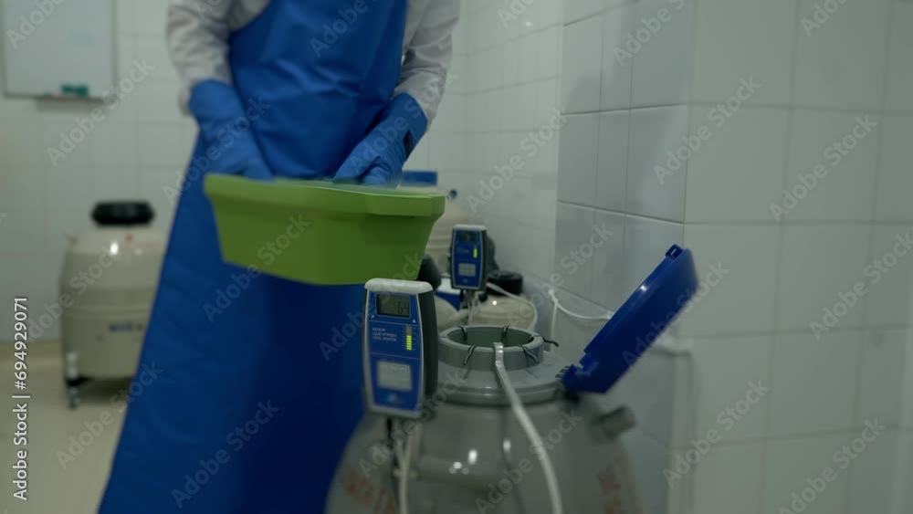 Transferring the cold embryo sample into the laboratory storage ...