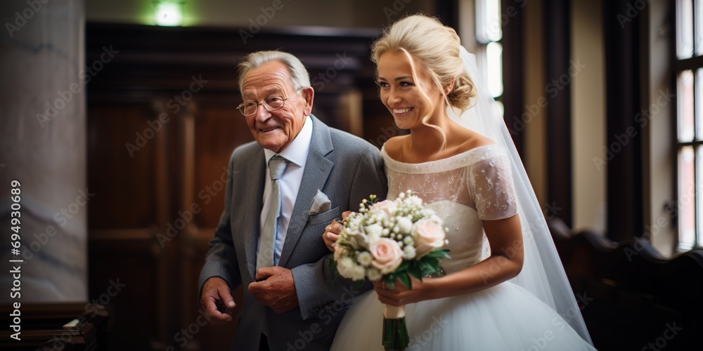Very old groom with a very young bride in front of the altar, concept ...
