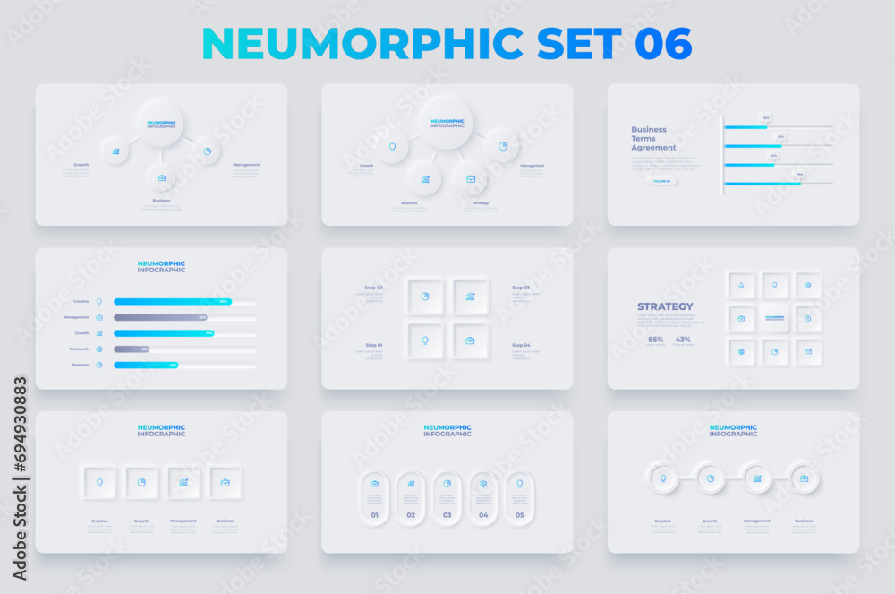 Neumorphism infographics elements set. Timelines, flow charts and ...