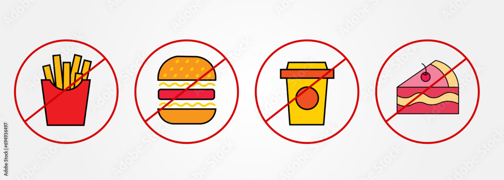 No fast food sign or don't eat fast food flat color icon. Prohibited ...