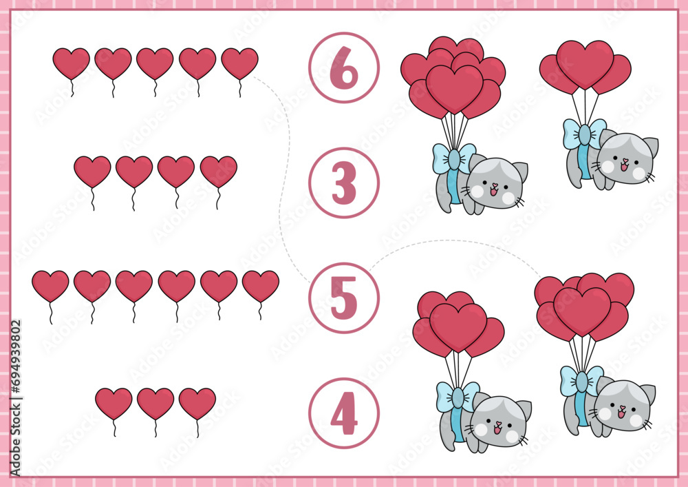 Saint Valentine matching game with cute kawaii cat flying on bunch of ...