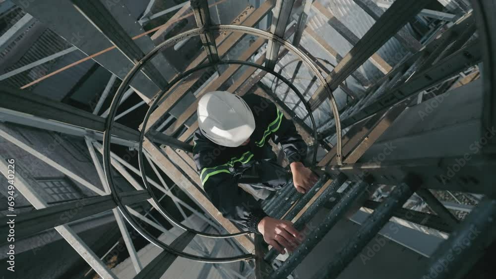 Industrial Worker Climbing Ladders Up. Top view, Worker with hard hat ...