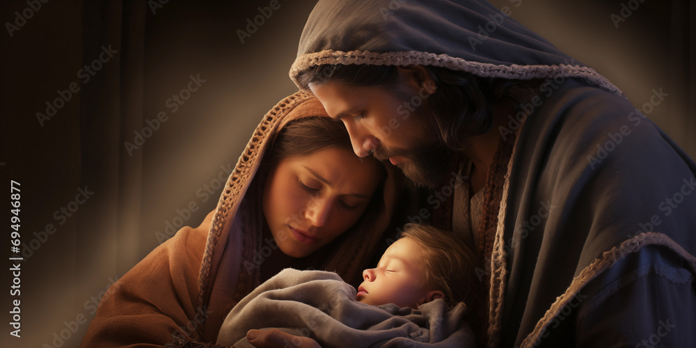 Cinematic birth of Jesus Christ. The Holy Family, Jesus, Mary and ...