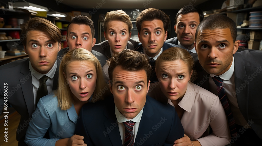 A funny photo of a group of business people in a office team looking at ...