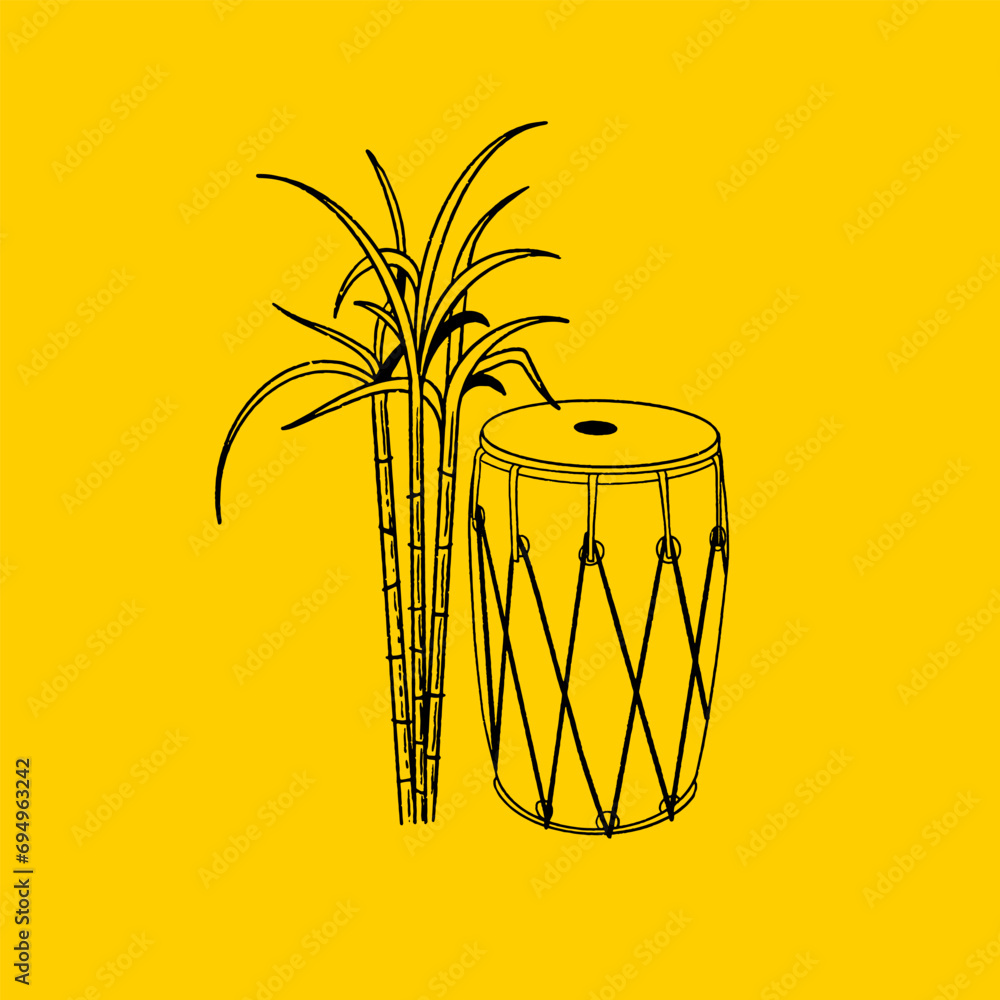Punjabi festival dhol outline sketch illustration with sugarcane plant ...
