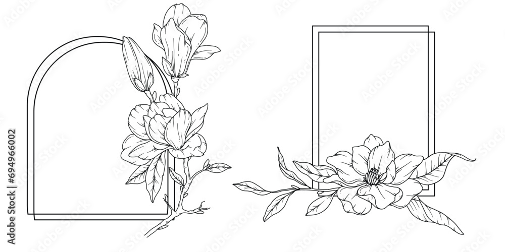 Magnolia Line Drawing. Black and white Floral Frames. Floral Line Art ...