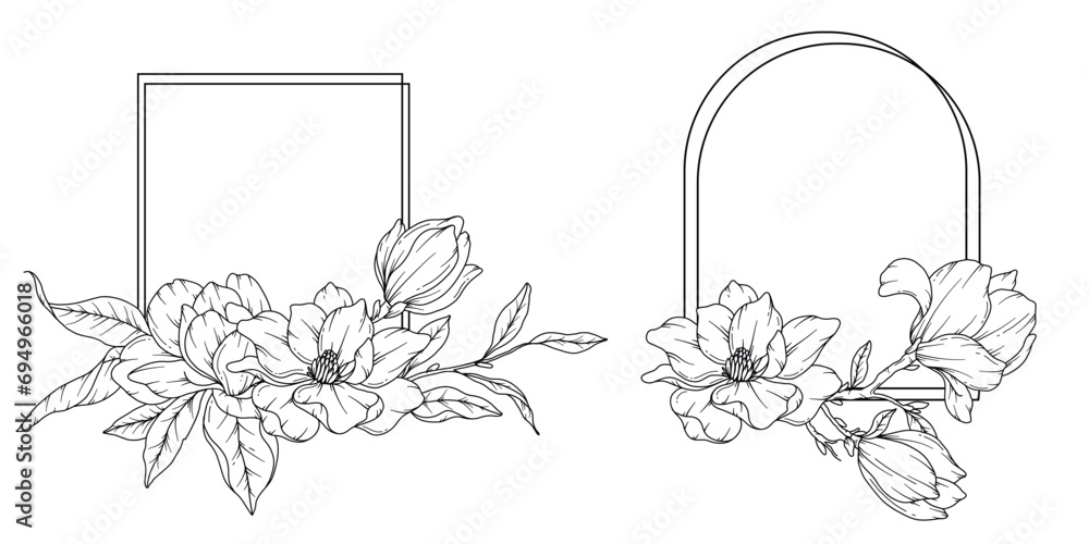 Magnolia Line Drawing. Black and white Floral Frames. Floral Line Art ...