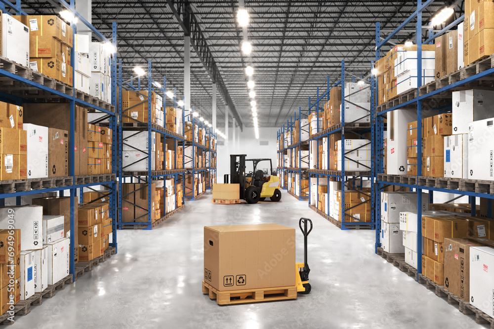 Pallet truck with a cardboard box in a warehouse. Large warehouse full ...