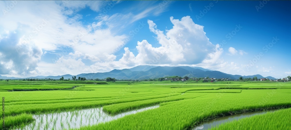 lush green rice paddy field with vibrant green rice plants Stock Photo ...