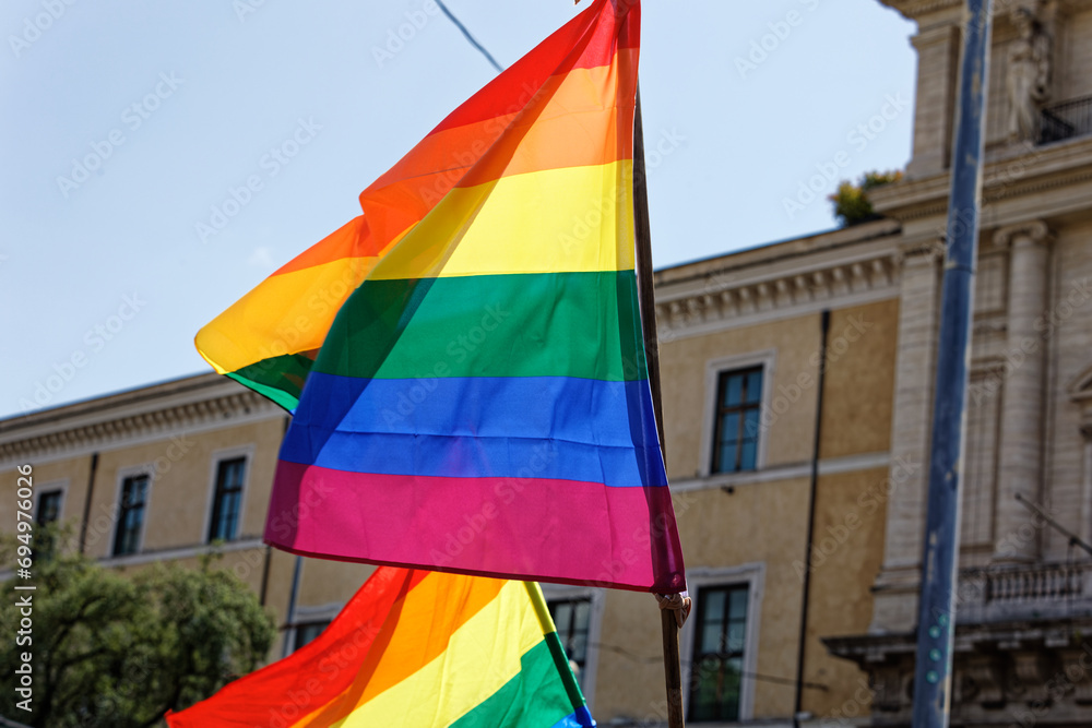 LGBTQ+ flags Parade demonstration at the Colosseum Italy Rome of the ...