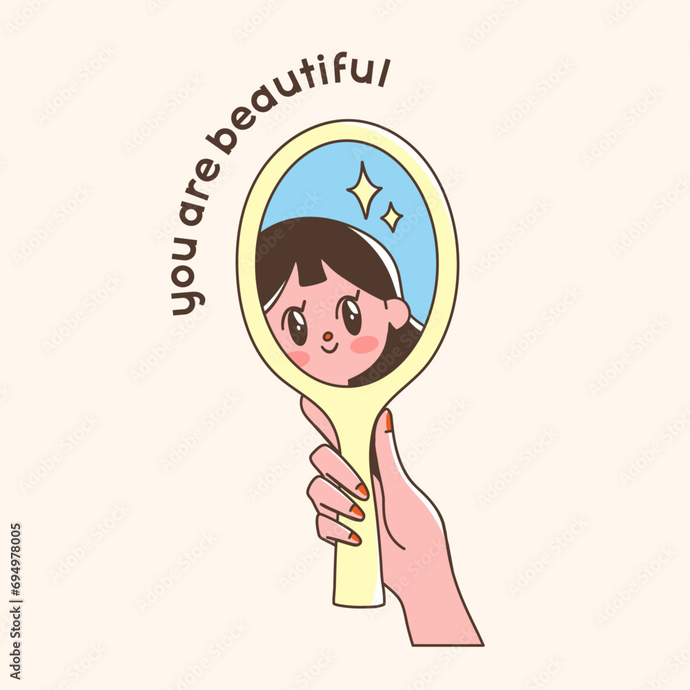 Cute girl's reflection in a mirror. Female hand holding an oval shaped ...