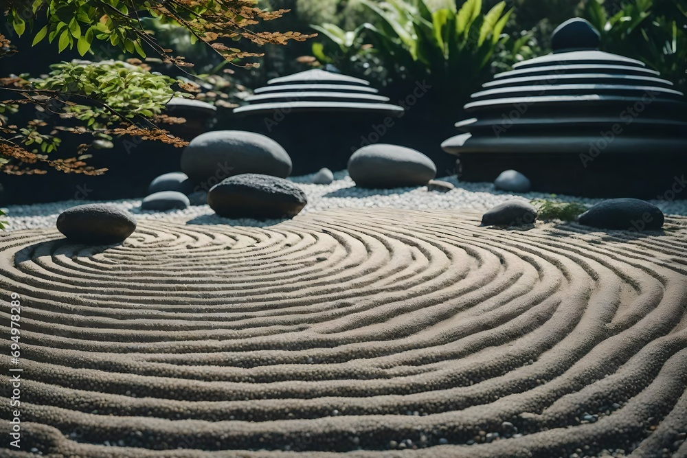 A serene Zen garden, with carefully raked gravel and minimalist stone ...