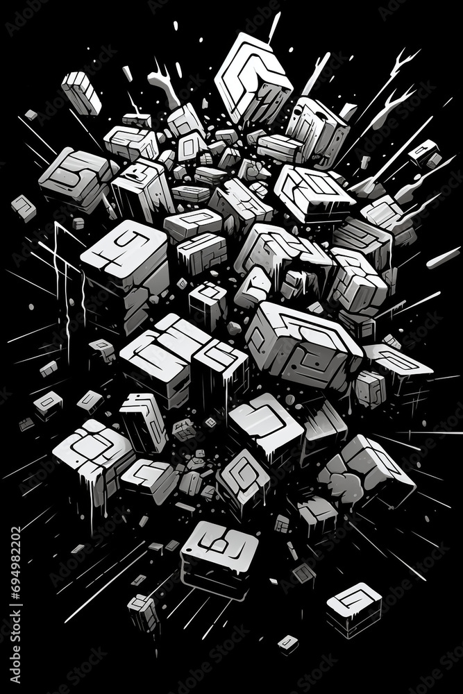 black and white 3D blocky graffiti rubble, explosion, thick linework ...