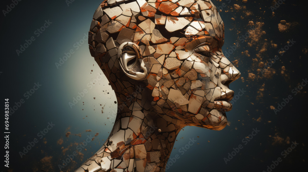 Abstract digital concept art of a fragmented human head profile ...