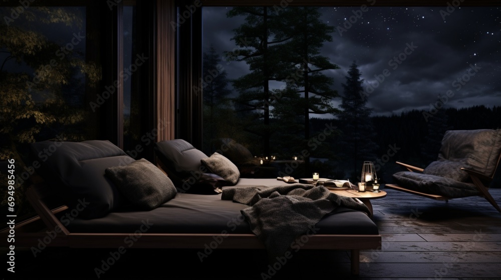 The moody outdoor terrace of Nordic Noir Sleeping Nook, with sleek ...