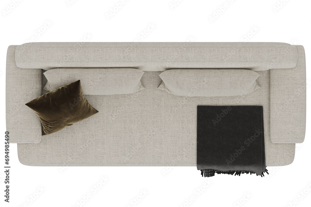 top view of white fabric sofa, with brown and white linen cushions and ...