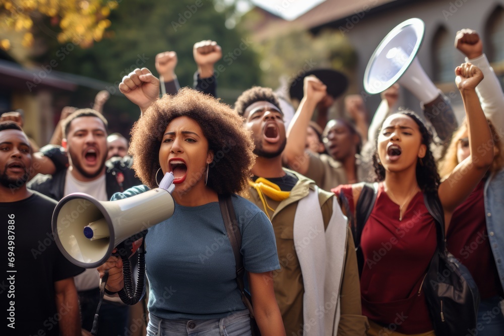 Multiethnic crowd of people fighting for freedom on a protest against ...