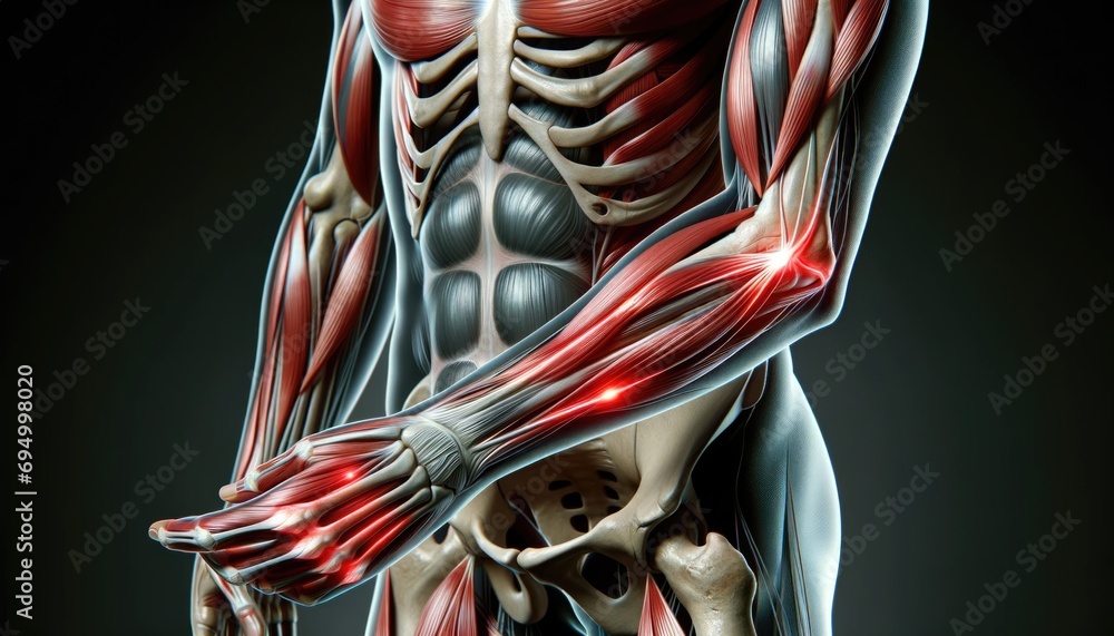 Illustration of the forearm's musculoskeletal anatomy with vivid red ...