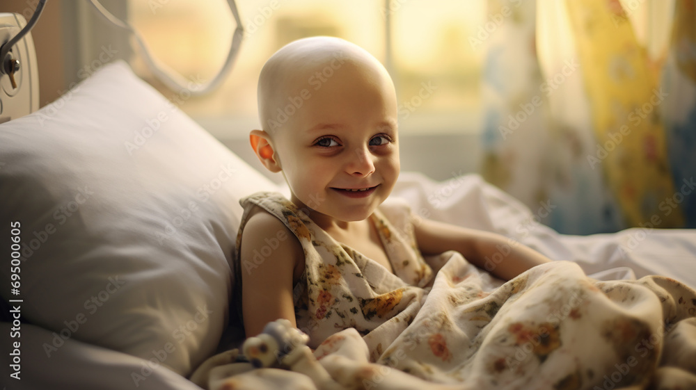 Cute little cancer patient baby girl on the bed at home and smiling ...