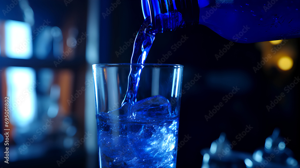 Blue water pours from a bottle into a glass with ice, creating ripples ...