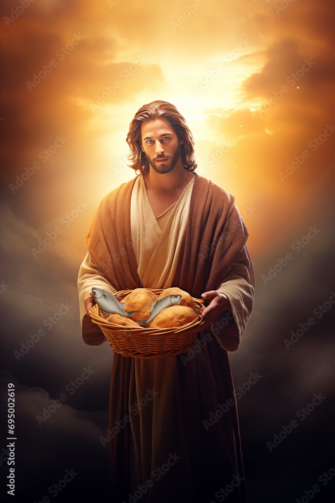 Jesus Christ - miracle concept - bread and fish - leftovers ...