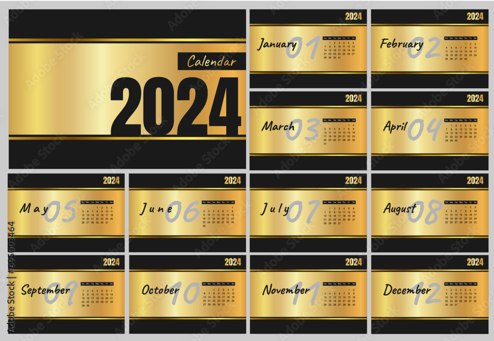 Wall Calendar 2024 with 12 months. Full year calendar. Minimalist ...