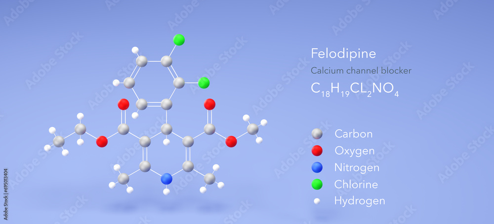 felodipine molecule, molecular structures, calcium channel blocker, 3d ...
