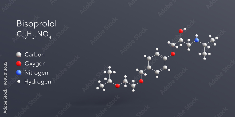 bisoprolol molecule 3d rendering, flat molecular structure with ...