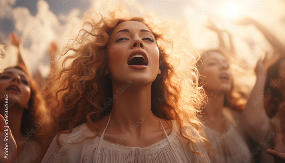 Female angelic choir headed by a beautiful white woman. Heavenly ...