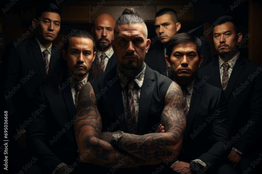 A group of men with yakuza style tattoos. dangerous people. Concept ...