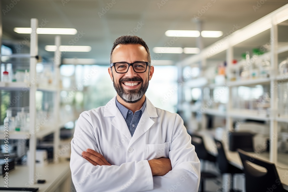 Young man with beard wearing white lab coat and glasses working at ...