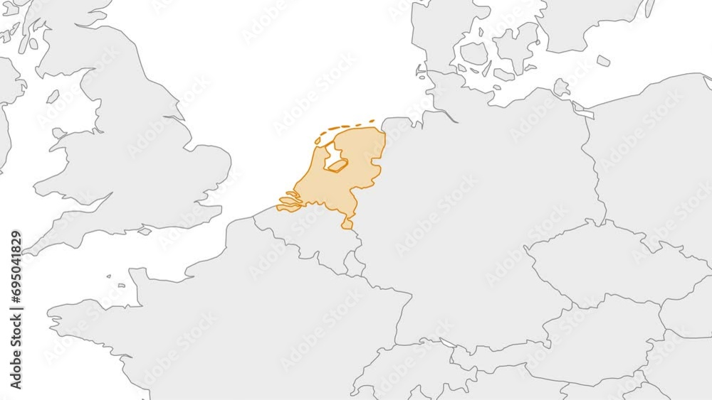 Animation of Netherlands country map on the world map. Animation of map ...