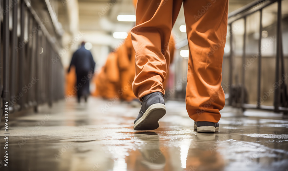 Prisoners legs in jail uniform walking along a corridor Stock ...